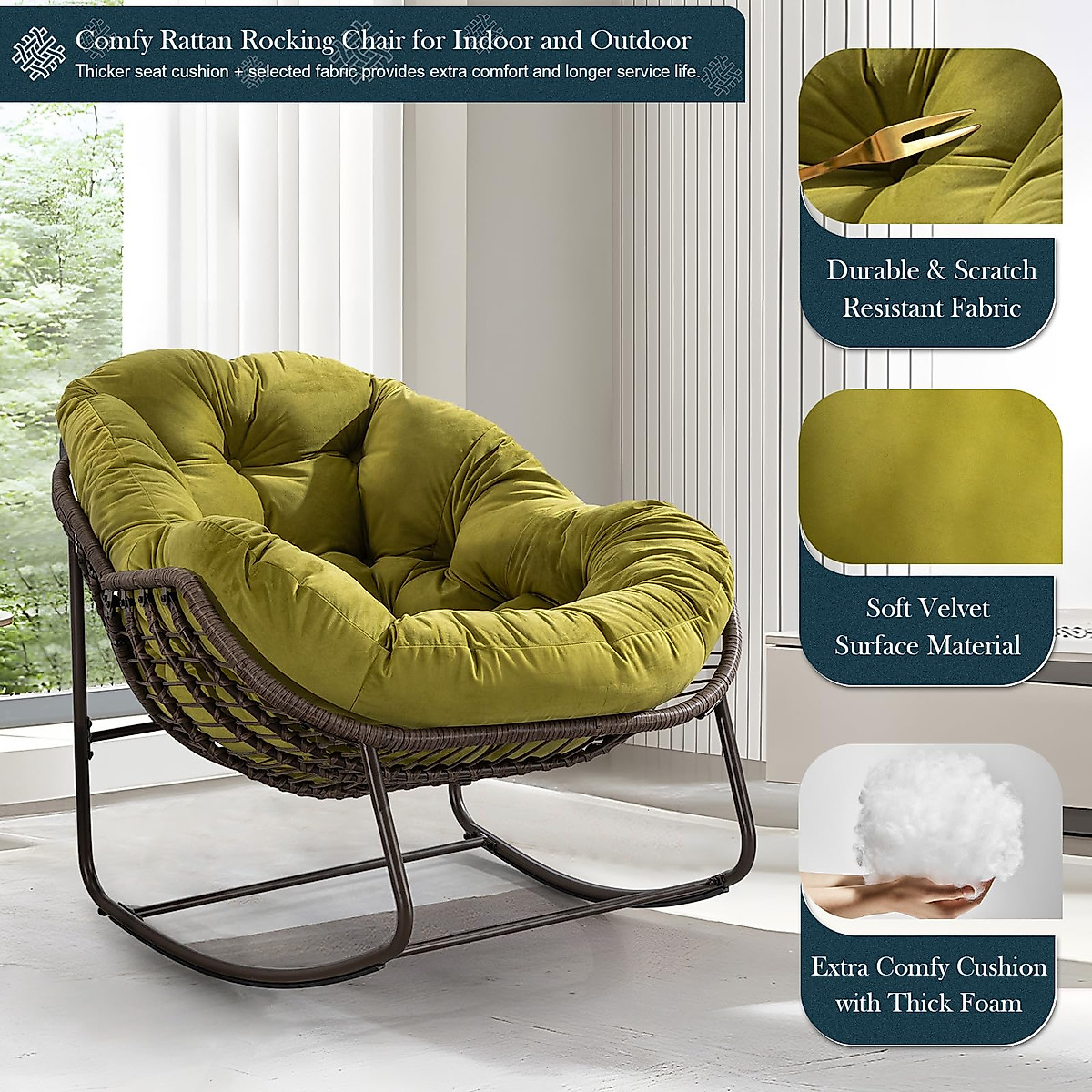 Outdoor Rocking Chair, Patio Oversized Rattan Egg Rocking Chair, Indoor Outside Padded Cushion Rocker Recliner Chair, Modern Lounge Chair for Front Porch, Garden, Backyard, Balcony, Deck, Olive Green