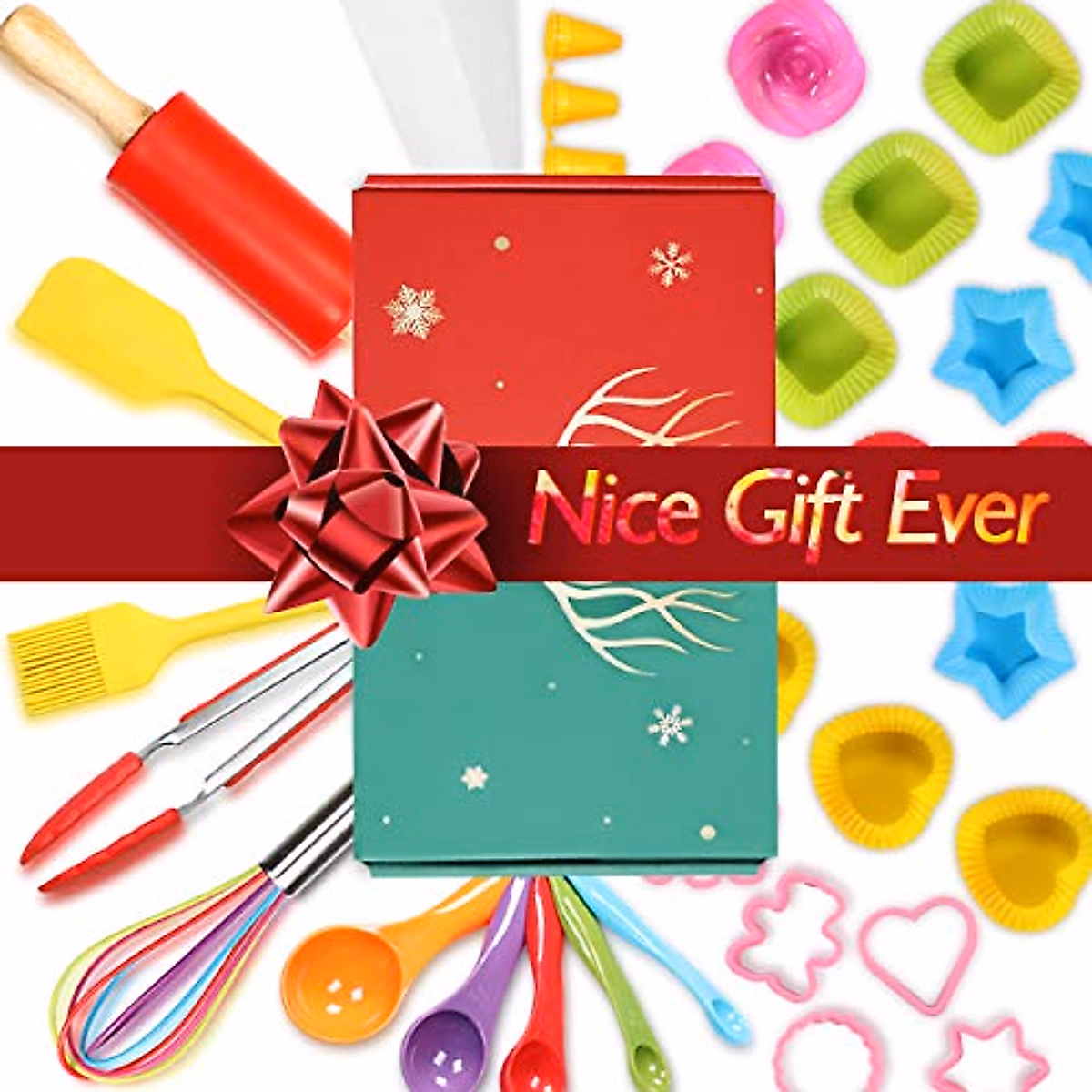 Shacoryze Kids Cooking and Baking Set 40 Pcs with Gift Box, Real Kitchen Utensils Kit for Children Toddlers Teens, Gift for Girls&Boys, Nonstick Rolling Pin Silicone Pastry Mat Cupcake Molds