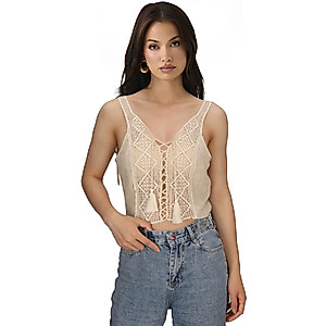 Adult Women Daisy Lace Bohemian Cardigan Summer Floral Fringe Ruffle Short Sleeve Kimono Crochet Sheer Shrug Crop Top (Beige, Medium)