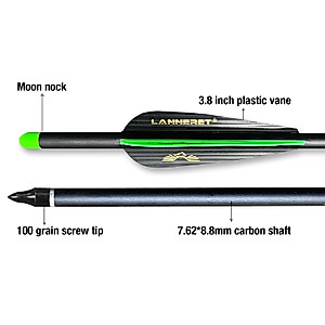 Lanneret Carbon Crossbow Bolts 20-Inch Arrows Bolt Crossbolt Fletched 4 Inch Vane with Field Point (Pack of12) Black