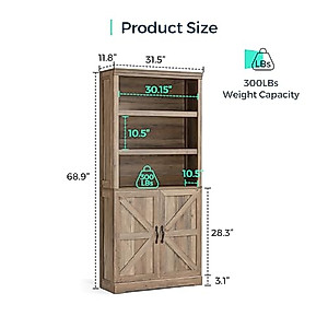 Farmhouse Bookshelves and Bookcases with Doors, Floor Standing 5 Shelf Display Storage Shelves, 69 in Tall Bookcase for Home Office, Living Room, Brown