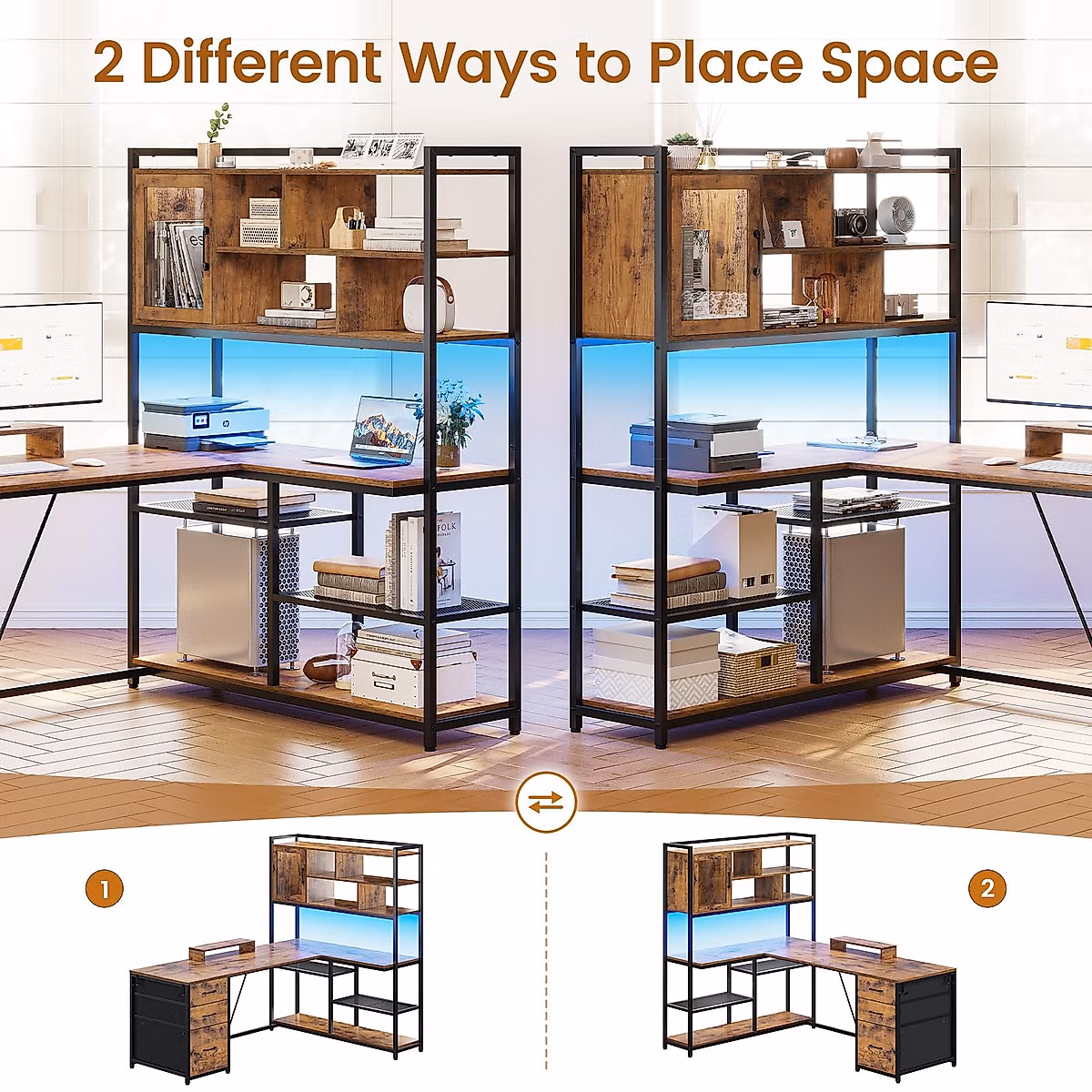 SEDETA L Shaped Computer Desk, 58'' Office Desk with 3 Drawers and Bookshelf, L Shaped Corner Desk with Storage Shelves and LED Light for Home Office, Gaming Desk, L Desk, Rustic Brown