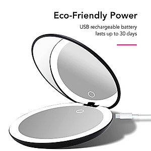 Fancii LED Lighted Travel Makeup Mirror, Rechargeable with 10x/1x Magnifying & 3 Light Settings - Compact, Portable, Large 5” Wide Hand Mirror for Handbag and Purses (Black)