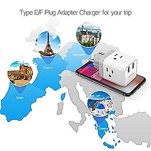 TESSAN Type E F Plug Adapter, France Germany Power Adapter with 2 USB 3 American Outlets, Schuko European Travel Plug Adaptor for US to Europe German Frence Iceland Spain Russia Poland EU