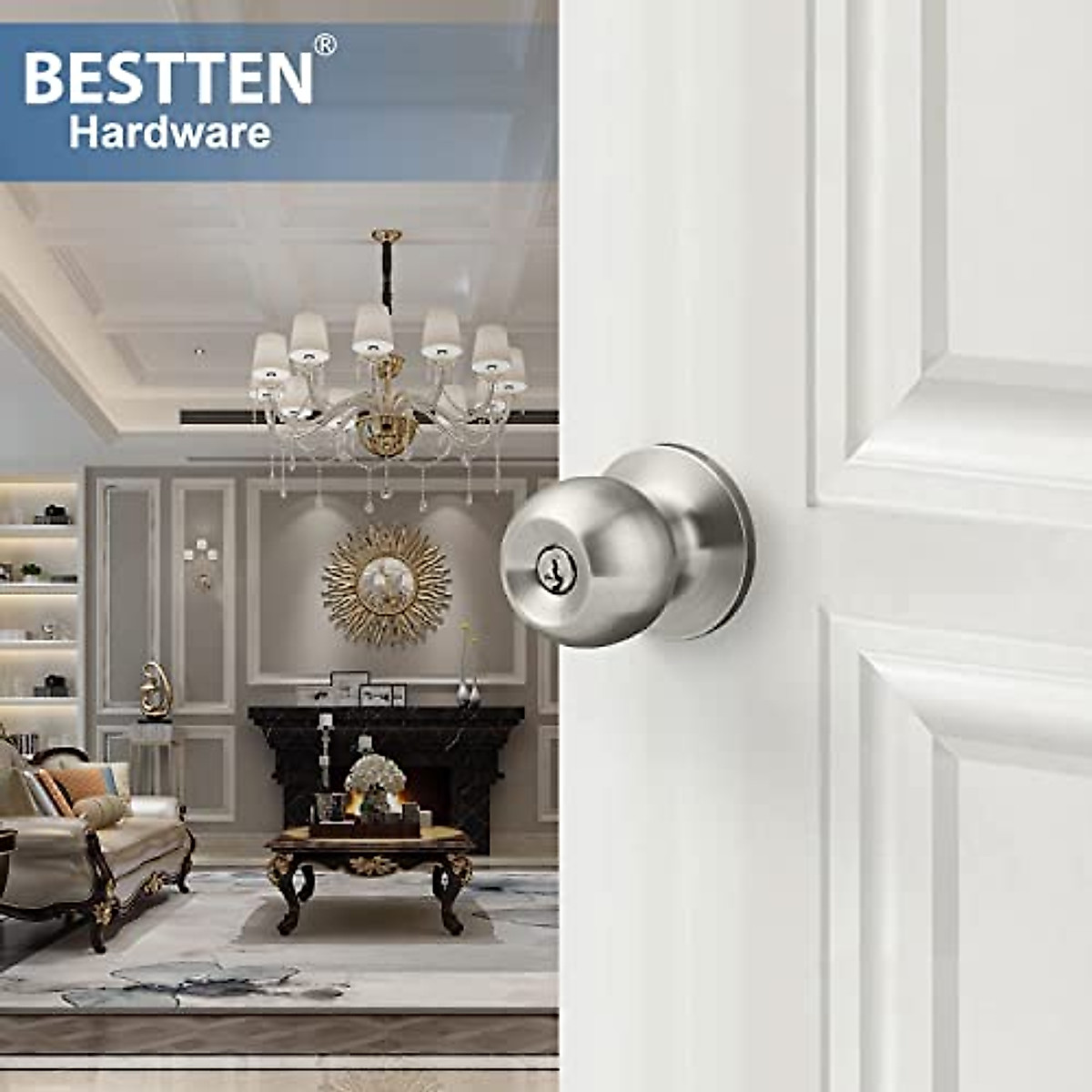 BESTTEN [2 Pack] Entry Door Knob with Lock, Keyed Different Door Lock for Exterior Door and Front Door, Standard Ball, Satin Nickel, Adjustable Latch