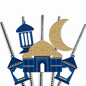 Ramadan - Paper Straw Decor - Eid Mubarak Striped Decorative Straws - Set of 24