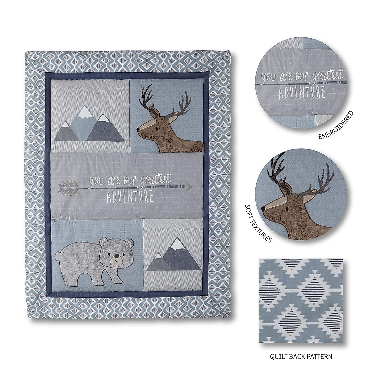 Levtex Baby - Emerson Crib Bed Set - Baby Nursery Set - Navy, Blue, Grey and Tan - Animal Adventure - 4 Piece Set Includes Quilt, Fitted Sheet, Wall Decal & Dust Ruffle