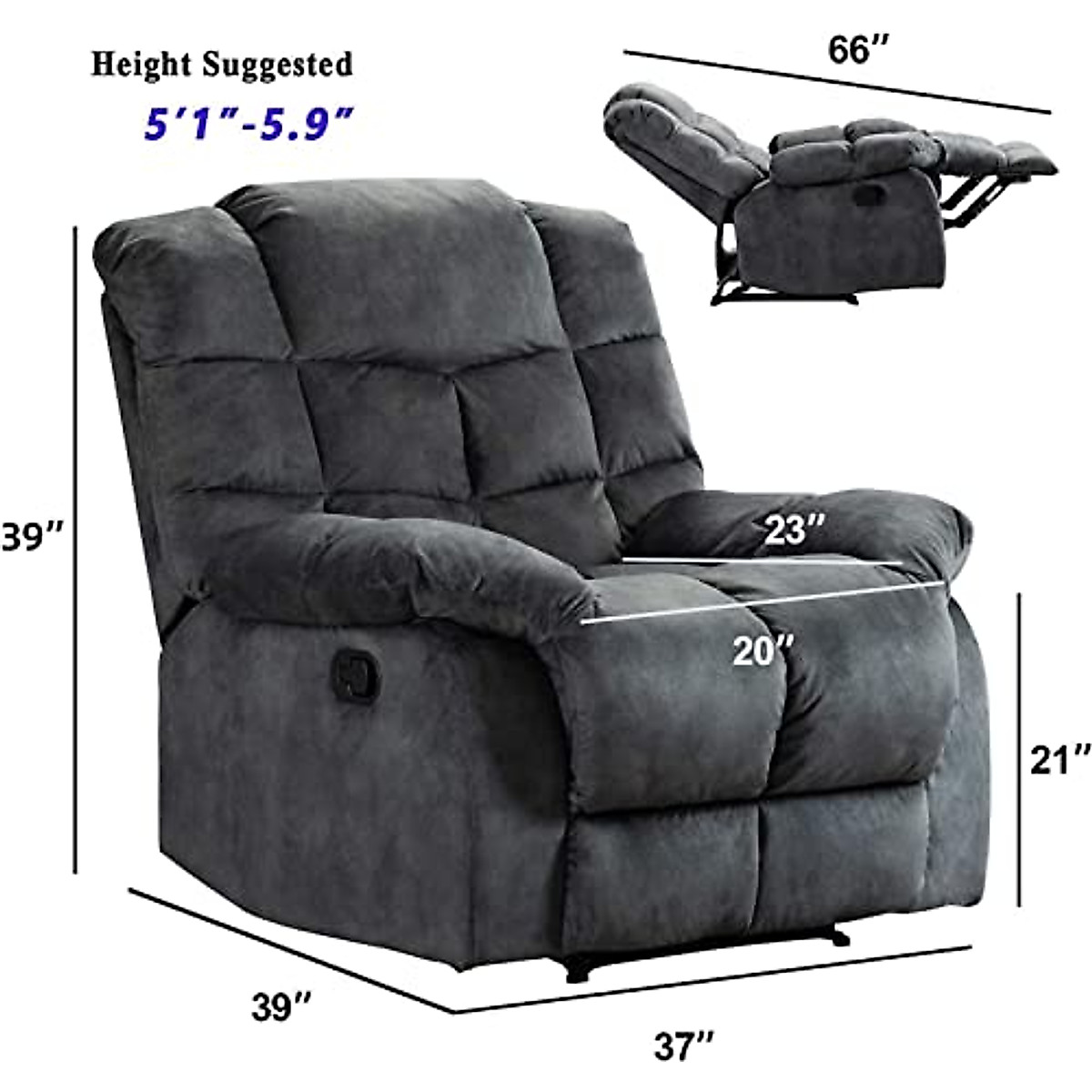 ANJHOME Single Recliner Chairs for Living Room Overstuffed Breathable Fabric Reclining Chair Manual Sofas (Gray)