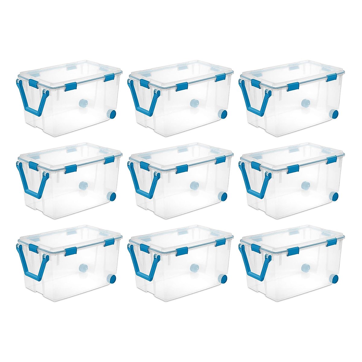 Sterilite 120 Qt Wheeled Gasket Box, Stackable Storage Bin with Latching Lid, Handle and Tight Seal, Plastic Container with Clear Base and Lid, 9-Pack