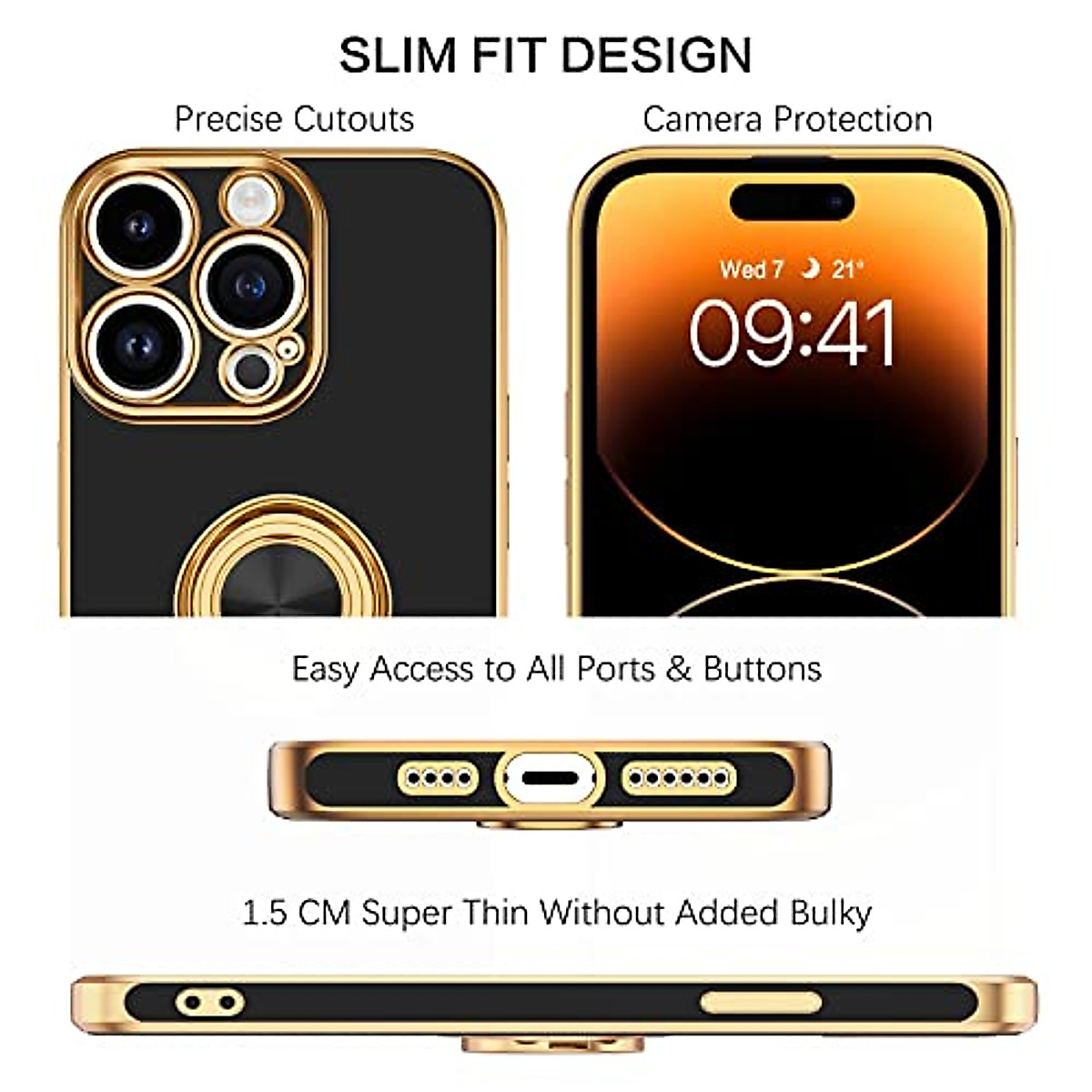 BENTOBEN iPhone 14 Pro Max Case, Slim Lightweight 360° Ring Holder Kickstand Support Car Mount Shockproof Women Men Non-Slip Protective Case for iPhone 14 Pro Max 6.7", Black/Gold