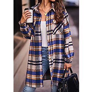 BTFBM Women's Corduroy Shacket Jacket Shirts Lapel Long Sleeve Oversized 2023 Fall Winter Button Down Shirt Dress Pocket(Plaid Royal Blue, X-Large)