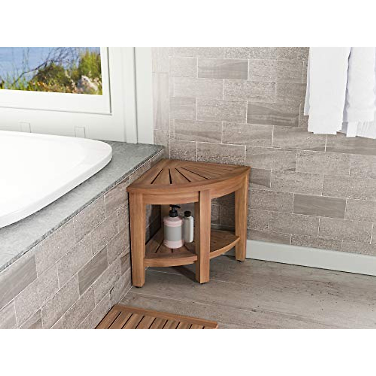 AquaTeak The Original 15.5" Kai Corner Teak Shower Bench with Shelf
