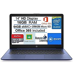 2021 Newest HP Stream 14" HD SVA Laptop Computer, Intel Celeron N4000 Processor, 16GB RAM, 320GB Space(64GB eMMC+256GB MSD), Office 365, HDMI, Bluetooth, Windows 10, Blue, AllyFlex MP, Online Class