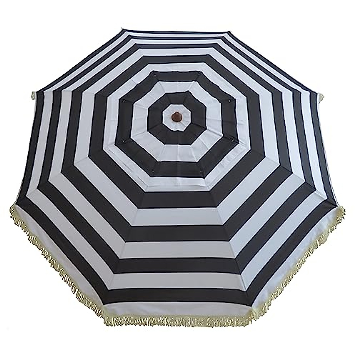 Bayside21 8ft Patio Umbrella with Fringe, 8' Outdoor Tassel Umbrella UPF50+, Push Button Tilt,1.25 inch dia. Steel Pole with Wood Grain Finish and 8 Ribs, Black Wide Stripe Design Umbrella Canopy