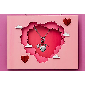 Jewelili Heart Shape Necklace Pendant with Natural White Round Diamonds, Lock and Key Charms 18 inch Cable Chain