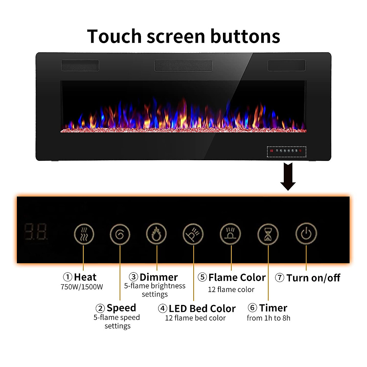 ZAFRO Electric Fireplace 50'' with Remote Control, Recessed Wall Mounted Electric Fireplace with Adjustable 12-Color Flame Brightness & Speed
