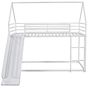 Twin Over Twin Bunk Beds with Slide, Metal Frame House Bunk Bed, Low Twin Bunk Beds with Built-in Ladder, No Box Spring Needed, White