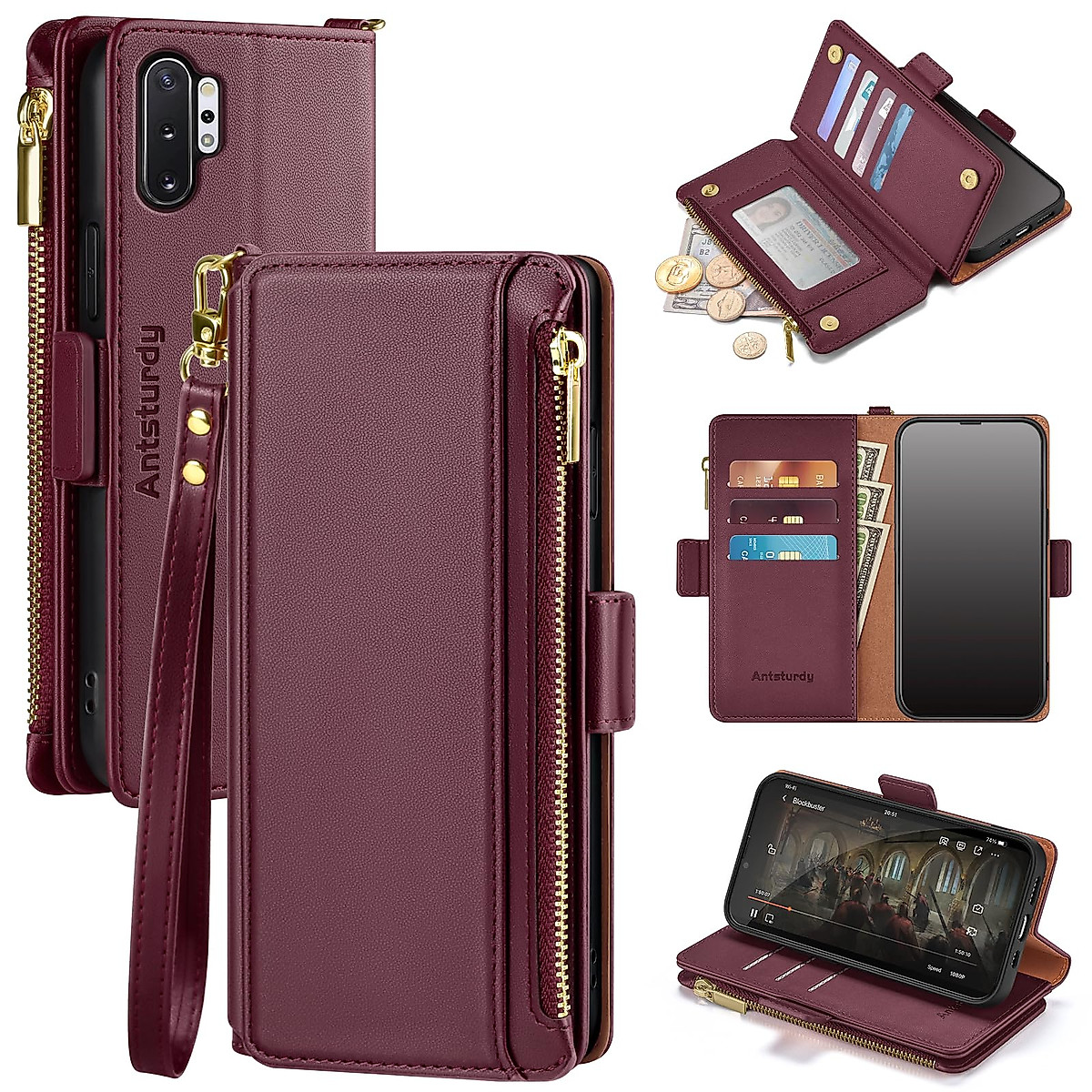 Antsturdy Compatible with Samsung Galaxy Note 10+ Plus case Wallet with Card Holder for Women Men Phone case RFID Blocking PU Leather Flip Cover with Strap Zipper Credit Card Slots,Wine Red