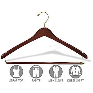 The Great American Hanger Company Curved Wood Suit Hanger w/Locking Bar, Box of 100 17 Inch Hangers w/Walnut Finish & Brass Swivel Hook & Notches for Shirt Dress or Pants