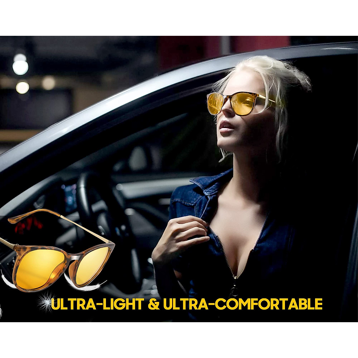 TJUTR Women's Night-Vision Glasses for Driving, Polarized Yellow Lens Reduce Glare Safety Nighttime UV Protection