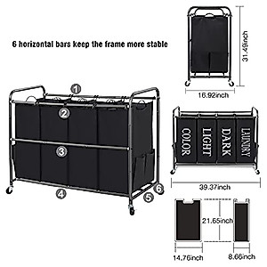 STORAGE MANIAC Laundry Sorter, Laundry Divider with Side Pockets, Multi Laundry Separator Hamper with Removable Bags and Rolling Lockable Wheels, Laundry Organizer Hamper, 4 Section Black
