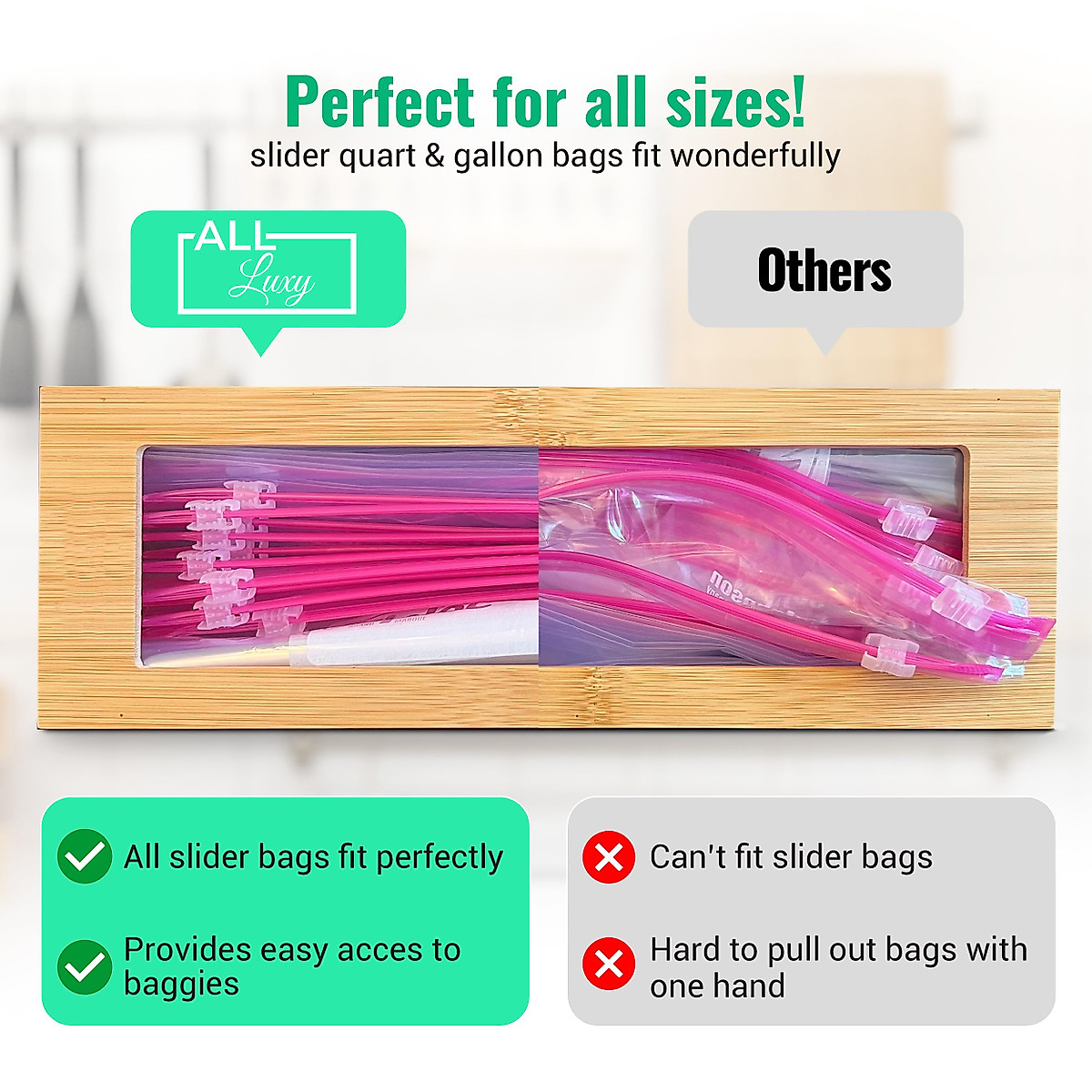 All Luxy Ziplock Bag Organizer - Bamboo Ziplock Bag Storage Organizer - Tidy Up Your Kitchen Drawers With The Sandwich Bag Holder