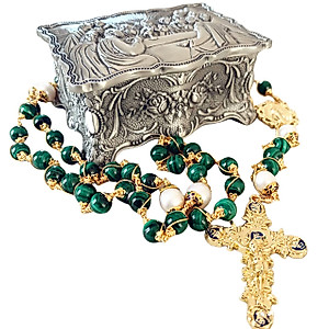 elegantmedical Handmade Gold Wire Wrapped UNDOUBTED Malachite &11-12mm Real Pearl Beads Rosary Cross/Crucifix Necklace Box Catholic Womens Gift