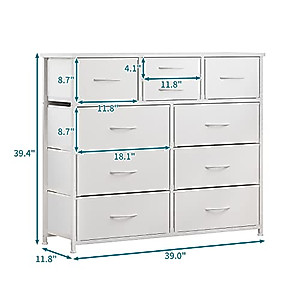 LUMTOK 10-Drawer Dresser, Fabric Storage Dressers Drawers for Bedroom, Hallway, Nursery, Closets, Steel Frame, Wood Top, Easy Pull Handle (White)
