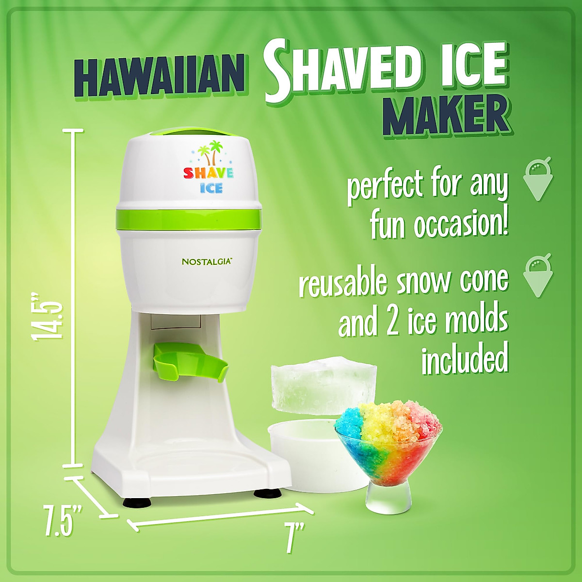 Nostalgia NESHVICE3HSID1 Snow Cone Shaved Retro Table-Top Slushie Machine-Includes 1 Reusable Plastic Cup and Ice Molds, White, Green