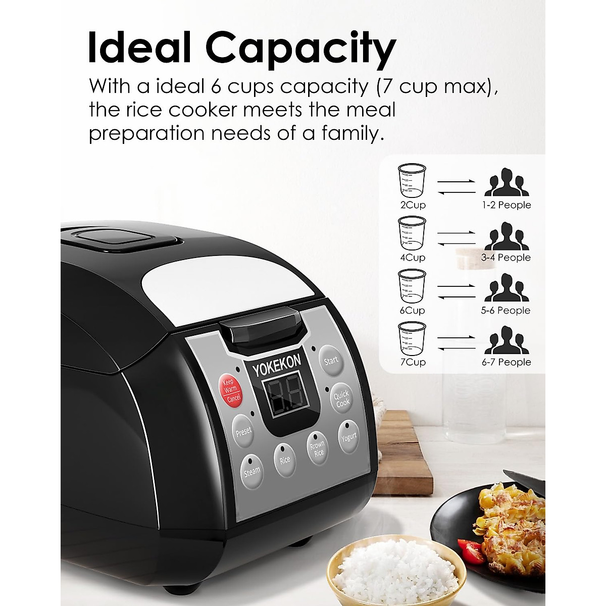 Rice Cooker 6 Cup, Stainless Steel Inner Pot Rice Cooker, YOKEKON Professional 6 Cup Uncooked Rice Cooker with Basket Steamer, 24H Delay Timer and Auto Keep Warm, Rice/Quick Cook/Brown Rice/Steam/Yogurt, Black