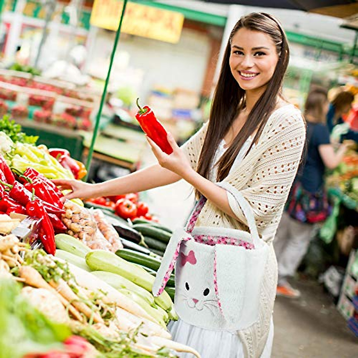 Easter Eggs Basket, Fluffy Bunny Baskets Cute Plush Rabit Basket with Foldable Bunny Ears, Easter Egg Hunts Easter Theme Party Supplies for Boys Girls (Pink)