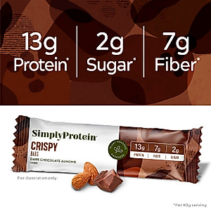 Simply Protein - Dark Chocolate Almond Crispy Bars - Plant Based Protein Bars - Low Carb, Low Sugar, High Fiber - 13g Protein, 2g Sugar, 7g Fiber - Vegan, Gluten Free, Non GMO, Kosher - 12 Bars