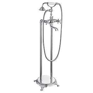 gotonovo Freestanding Bathtub Faucet Polished Chrome Floor Mount Tub Filler Double Cross Knobs Bathroom Mixing Tap with Handheld Shower Telephone Shape
