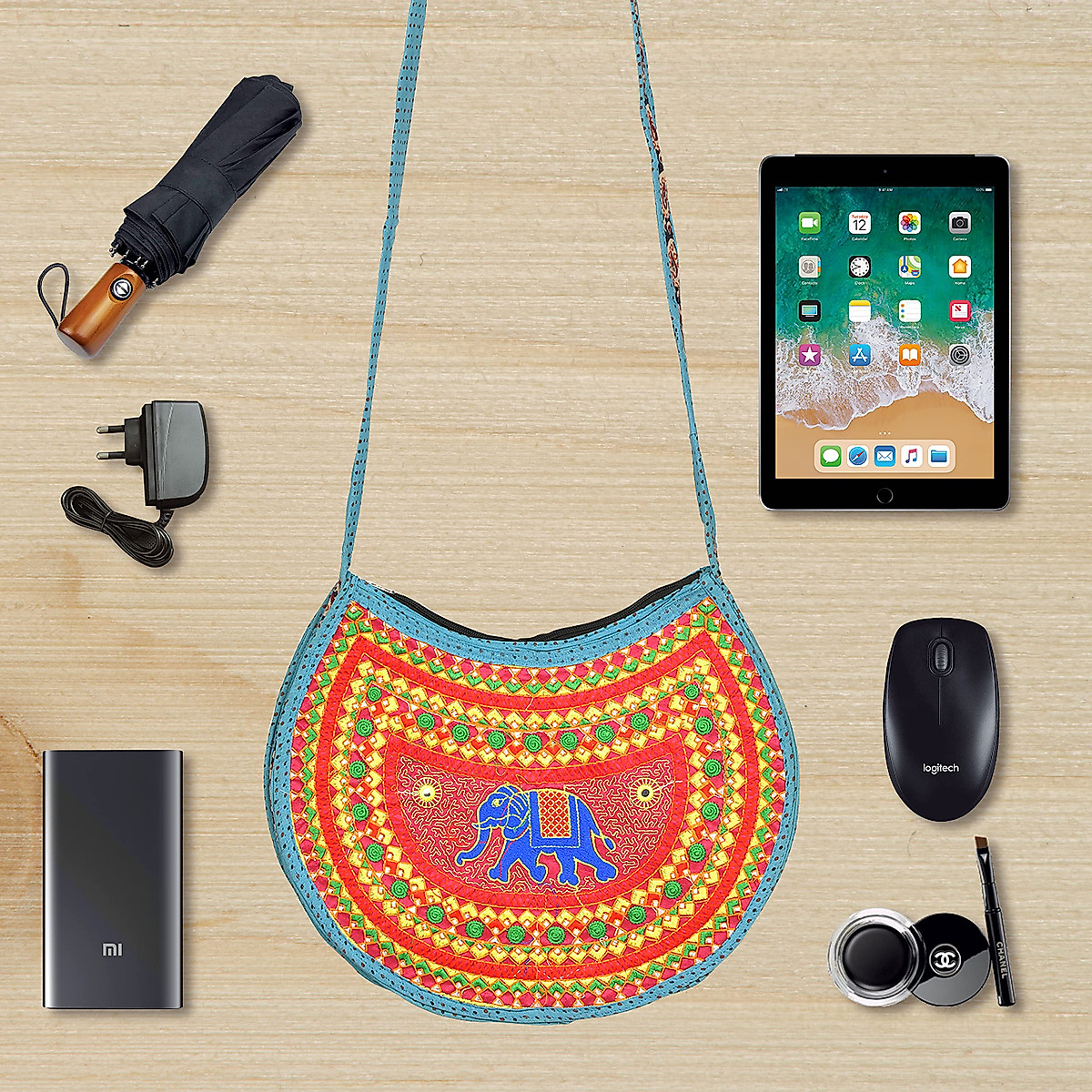 North Creed Crossbody Elephant Flora Embroidery Shoulder Bag, Indian Ethnic Travel Handbag with Zipper Pocket- Blue