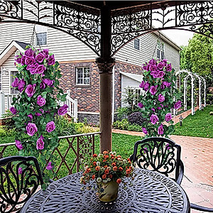 Haoyuetch 2PCS Artificial Rose Vine Flowers with Green Leaves,3Ft Hanging Rose Ivy Plants for Home Wedding Party Garden Wall Decoration (Purple)