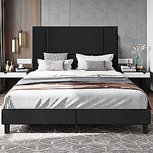 Flolinda Full Size Bed Frame, Upholstered Full Bed Frame with Tufted Velvet Headboard, Mattress Foundation, Strong Wood Slat Support Double Bed Frame, No Box Spring Needed, Easy Assembly