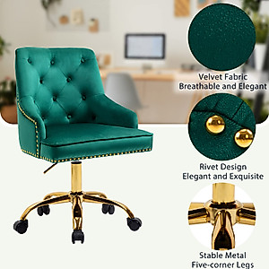 MOJAY Modern Mid-Back Tufted Office Chair, Swivel Height-Adjustable Accent Home Desk Chair,Cute Velvet Soft Seat Vanity Chair with Rivet and Arm Support (Green)