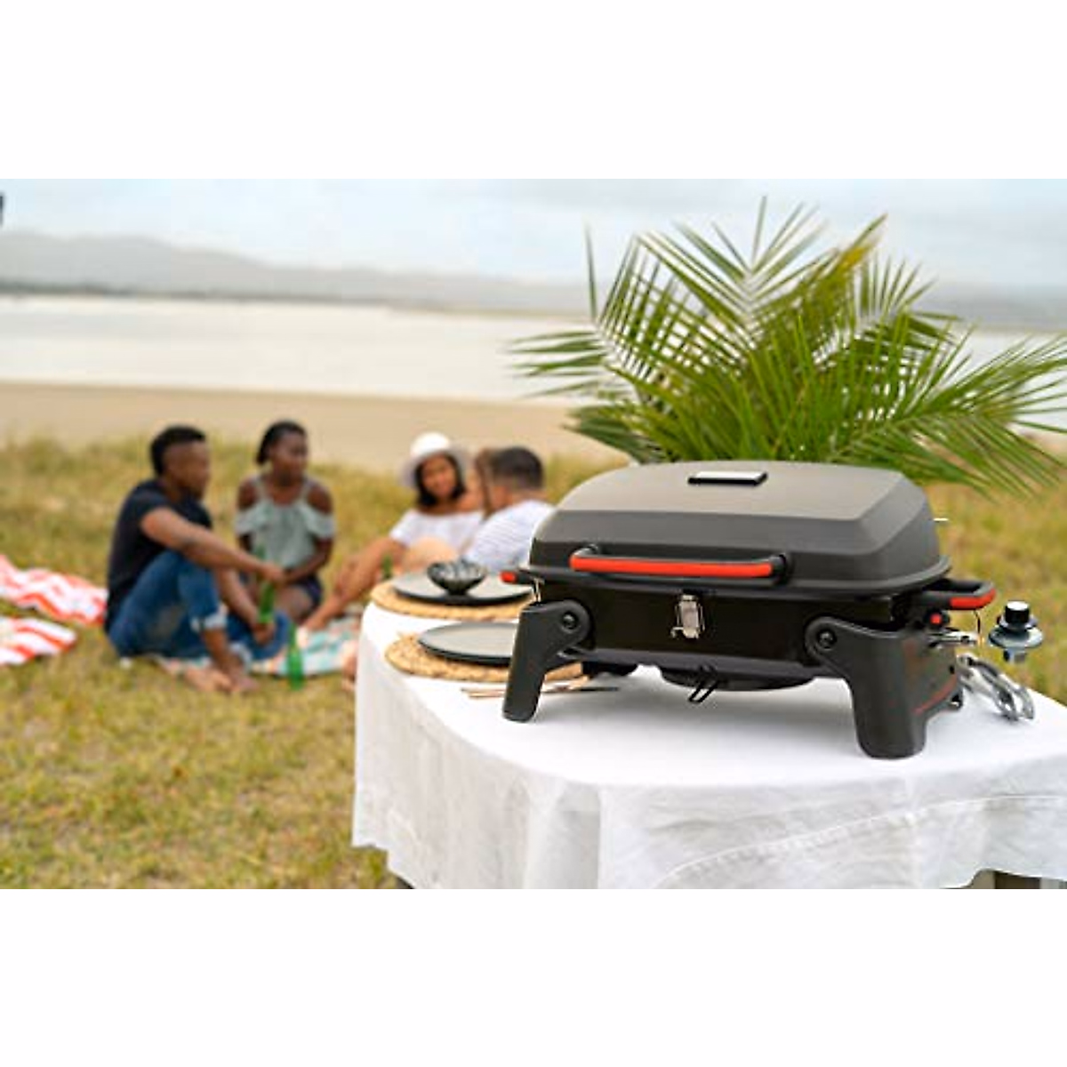 Megamaster 820-0065C 1 Burner Portable Gas Grill for Camping, Outdoor Cooking , Outdoor Kitchen, Patio, Garden, Barbecue with Two Foldable legs, Red + Black