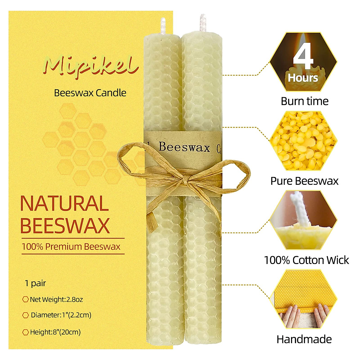 100% Pure Beeswax White Taper Candles 8 Inch 16 Pack, Smokeless Dripless Wax Candles, Handmade Beeswax Candle for Home Gift Ideas, Chrismas Candles, Halloween Candles for Decoration (White-8 Pair)