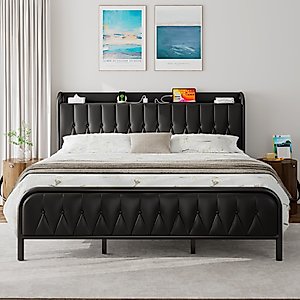 iPormis King Size Metal Bed Frame with Charging Station, Faux Leather Headboard and Footboard, Heavy Duty Steel Support, 12" Under Bed Storage, No Box Spring Needed, Easy Assembly, Black