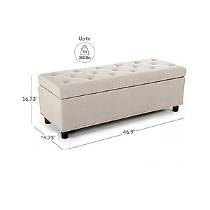 BELLEZE 47 Inch Storage Ottoman, Button-Tufted Ottoman Linen Storage Bench with Safety Close Hinge, Ottoman with Storage for Living Room, Entryway, Hallway, Foot Rest, Support 300lbs - Beige