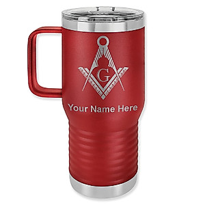 LaserGram 20oz Vacuum Insulated Travel Mug with Handle, Freemason Symbol, Personalized Engraving Included (Maroon)
