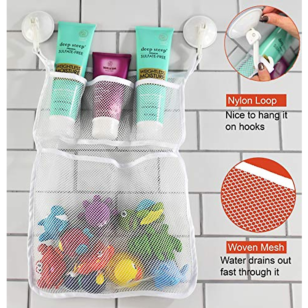 HOME-X Bathtub Toy and Bathroom Mesh Bag with Suction Cup Hooks Organizer, Bathtub Storage, Baby Bath Toy Organization, White-18" L x 12 1/2" W
