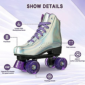 YYW Roller Skate for Women Men Light up Wheel - Double Roller Skater High-top PU Leather Roller Skate Shoes Adjustable PU Roller Skates with Four Piles for Adult Girls Beginners
