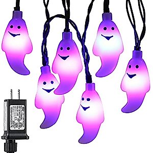 RECESKY 60 LED Halloween String Lights - 19.4ft Purple Ghost String Light with 30v Plug in, Extendable 8 Modes Halloween Lighting for Outdoor Garden Yard House Bedroom Halloween Party Decorations