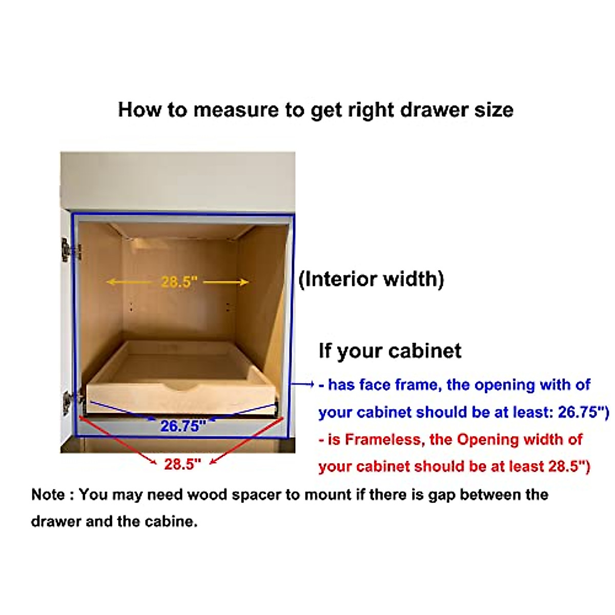 COUVER Pull Out Soft Close Cabinet Organizer, Wood Drawer Slide Out Shelves for Kitchen, 28.5"(W) x 21.25"(D) X 4"(H), Soft-Close Rail with Spacer, Side Mount