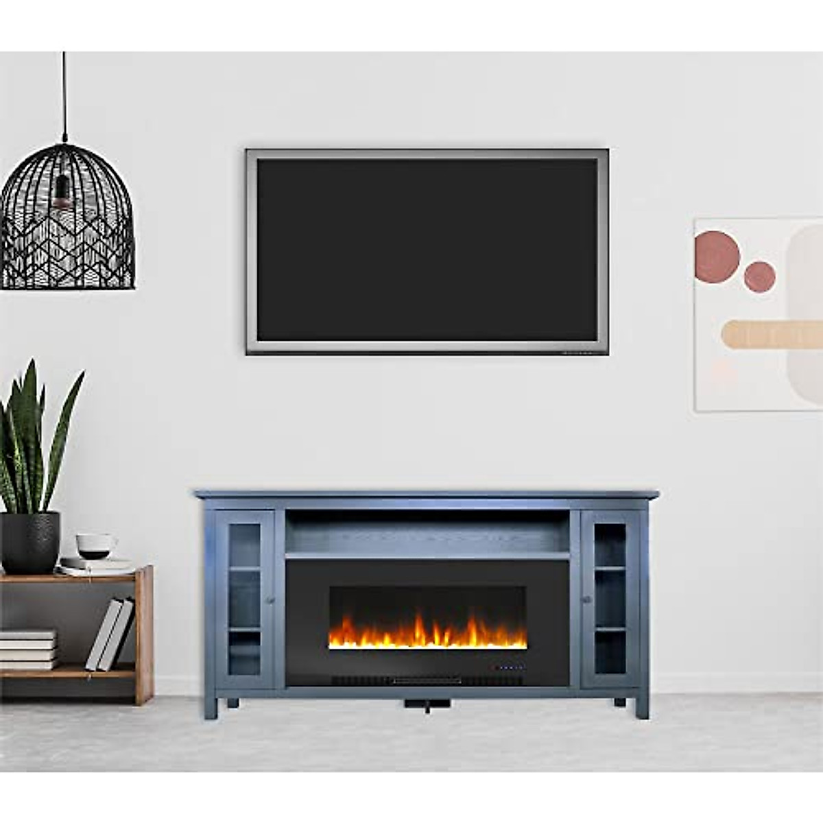 Cambridge Slate Blue Somerset 70 Electric Fireplace TV Stand with Multi-Color LED Flames, Crystal Rock Display, and Remote Control