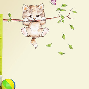 Cartoon Cute Cat On The Tree Branches Wall Decals, Removable Kitty Wall Stickers Decor Decal for Bedroom Wall Art Decoration