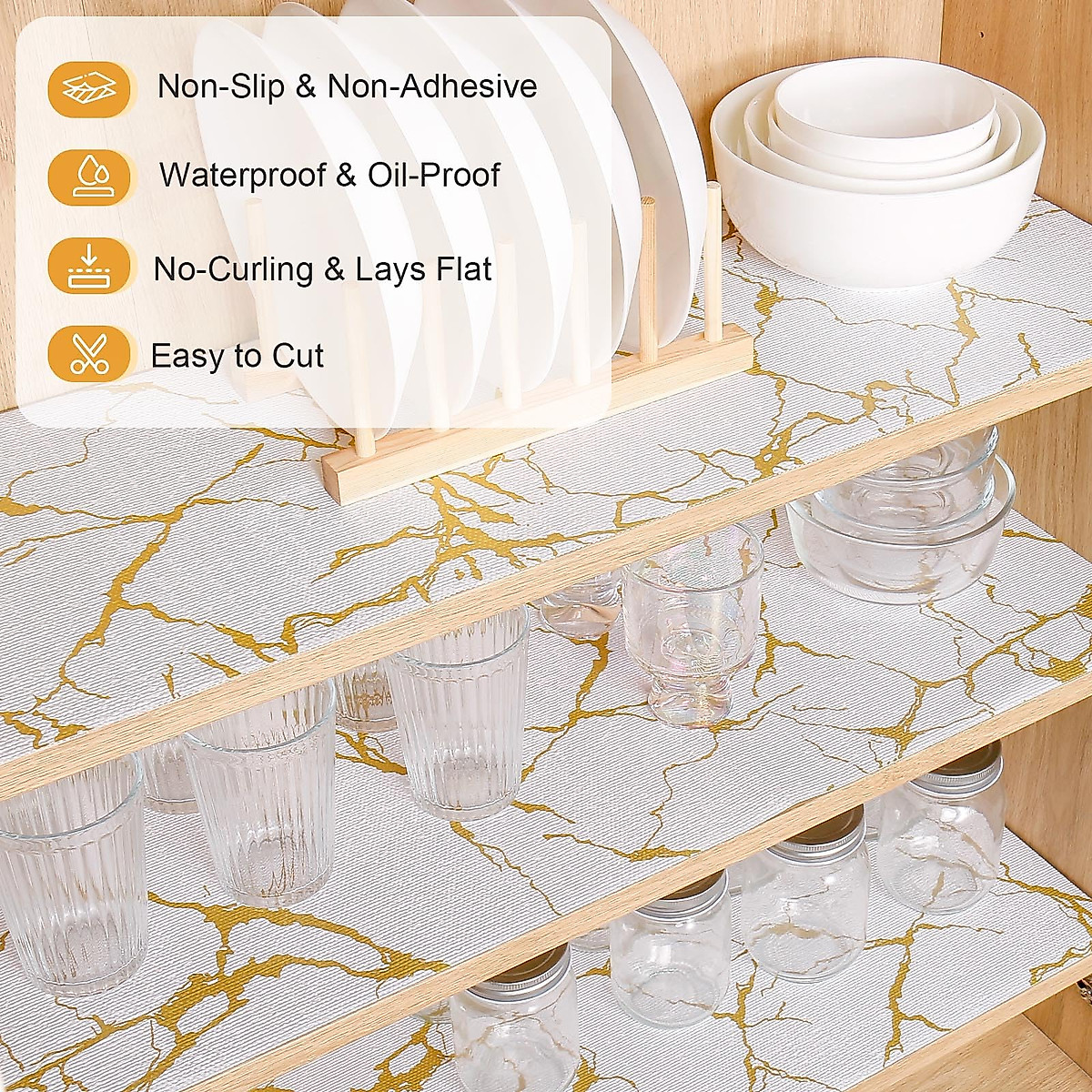 Bounmer Drawer Liner for Kitchen Cabinets Non-Adhesive Non-Slip Kitchen Cabinet Liner Shelf Liner Waterproof Easy to Cut Reusable Washable Shelf Liners for Pantry Cupboard Dresser Bathroom