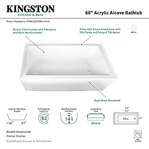 Kingston Brass VTAP663222R Aqua Eden Alcove Tub, 66" (L) x 32" (W) x 20-1/2" (D), White